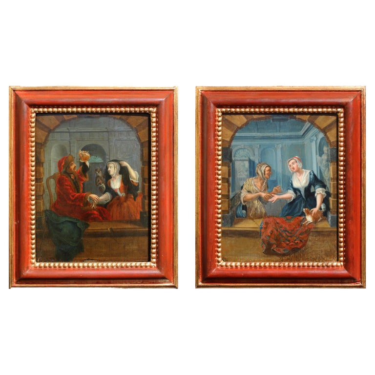 18th Century Pair of Flemish Scenes by Louis De Moni Paintings Oil on ...