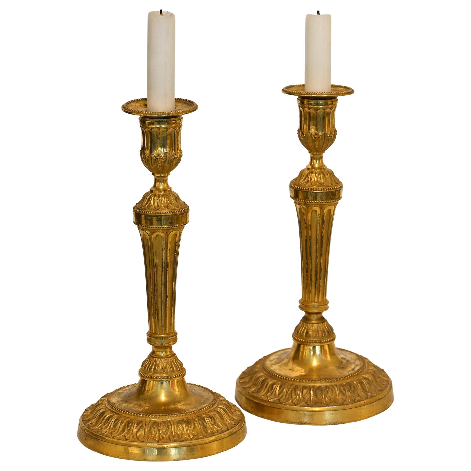 18th Century Pair of Louis Seize Gilt Bronze Candlesticks, French ...