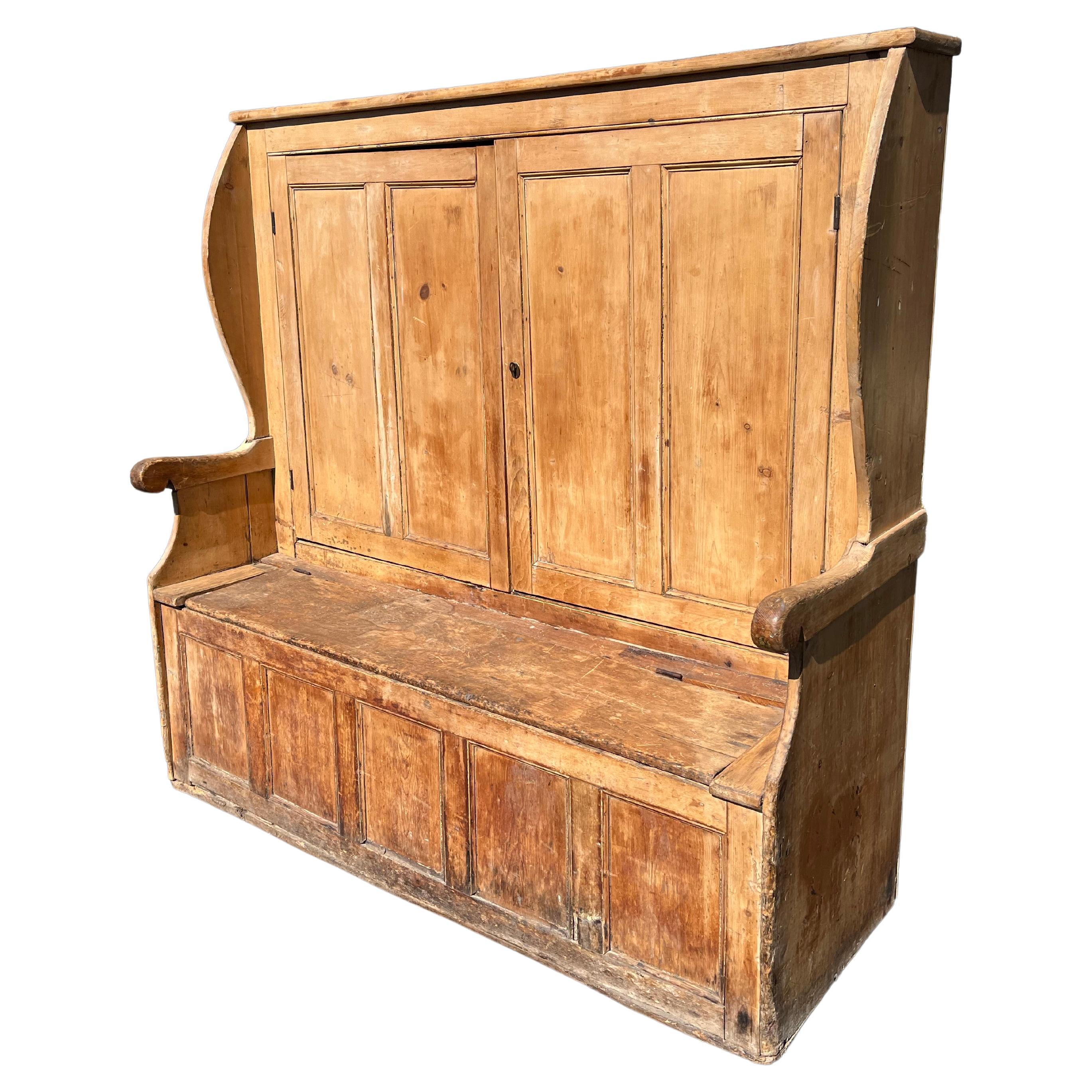 18th Century Antique High Back Curved English Pine Pub Settle Hall ...