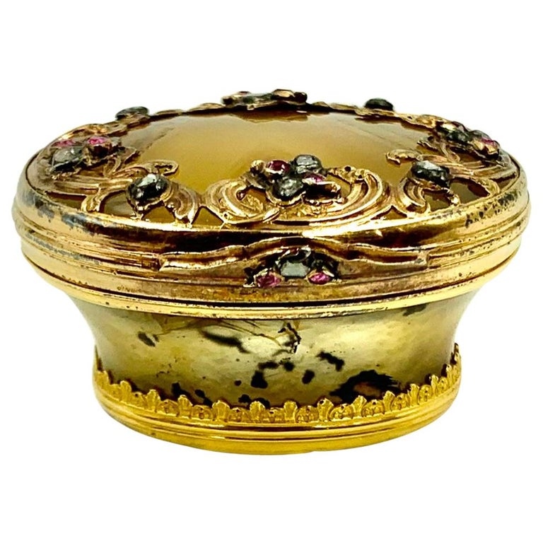 18th Century Rococo Rose, Yellow Gold Diamond, Ruby Agate Snuff Box ...