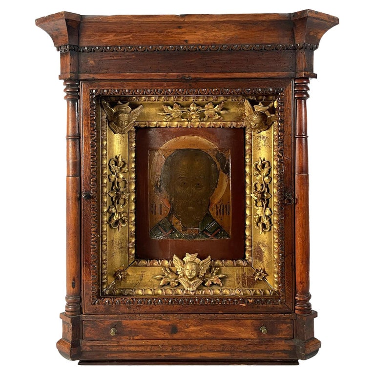 18th Century Russian Icon in Display Cabinet For Sale at 1stDibs