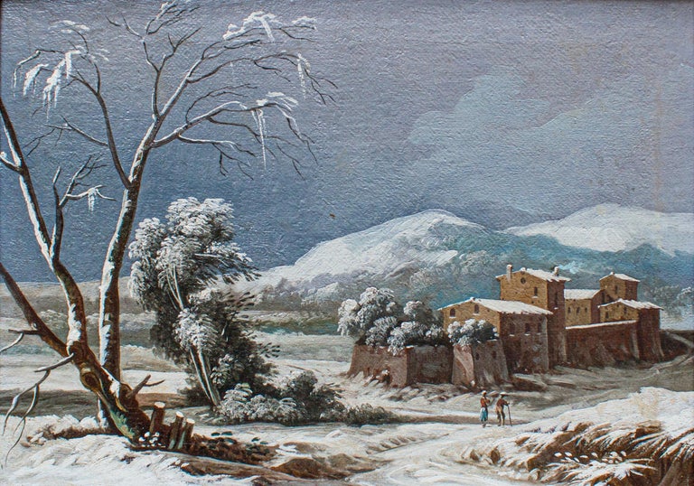 18th Century Snowy Landscape Painting Oil on Canvas by Circle of De ...