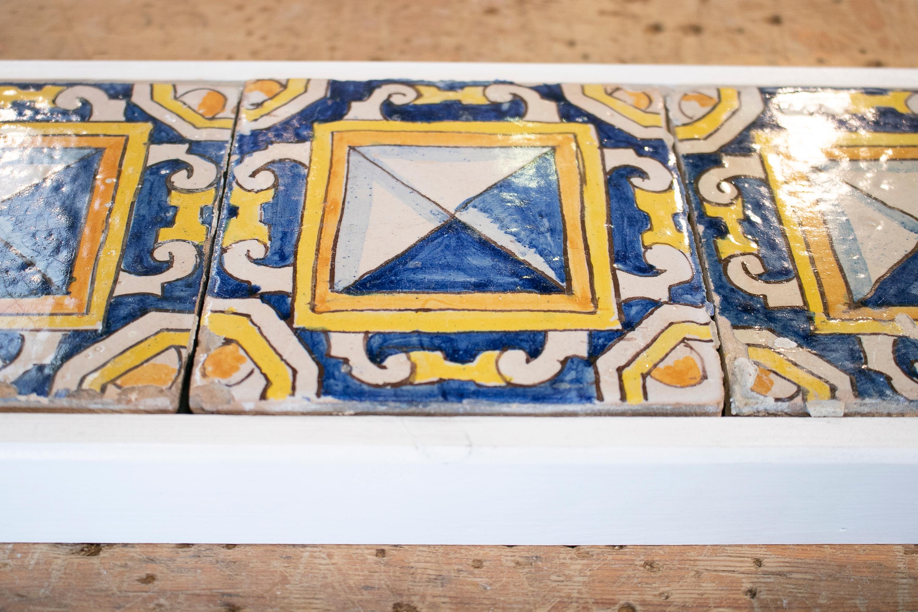 18th Century Spanish Set of 3 Framed Glazed Ceramic Tiles at 1stDibs