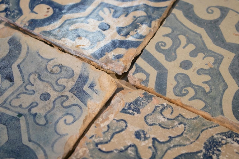 18th Century Spanish Set of 4 Framed Cobalt Blue Glazed Ceramic Tiles ...