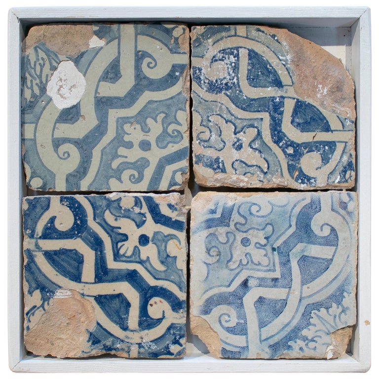18th Century Spanish Set of 4 Framed Cobalt Blue Glazed Ceramic Tiles ...