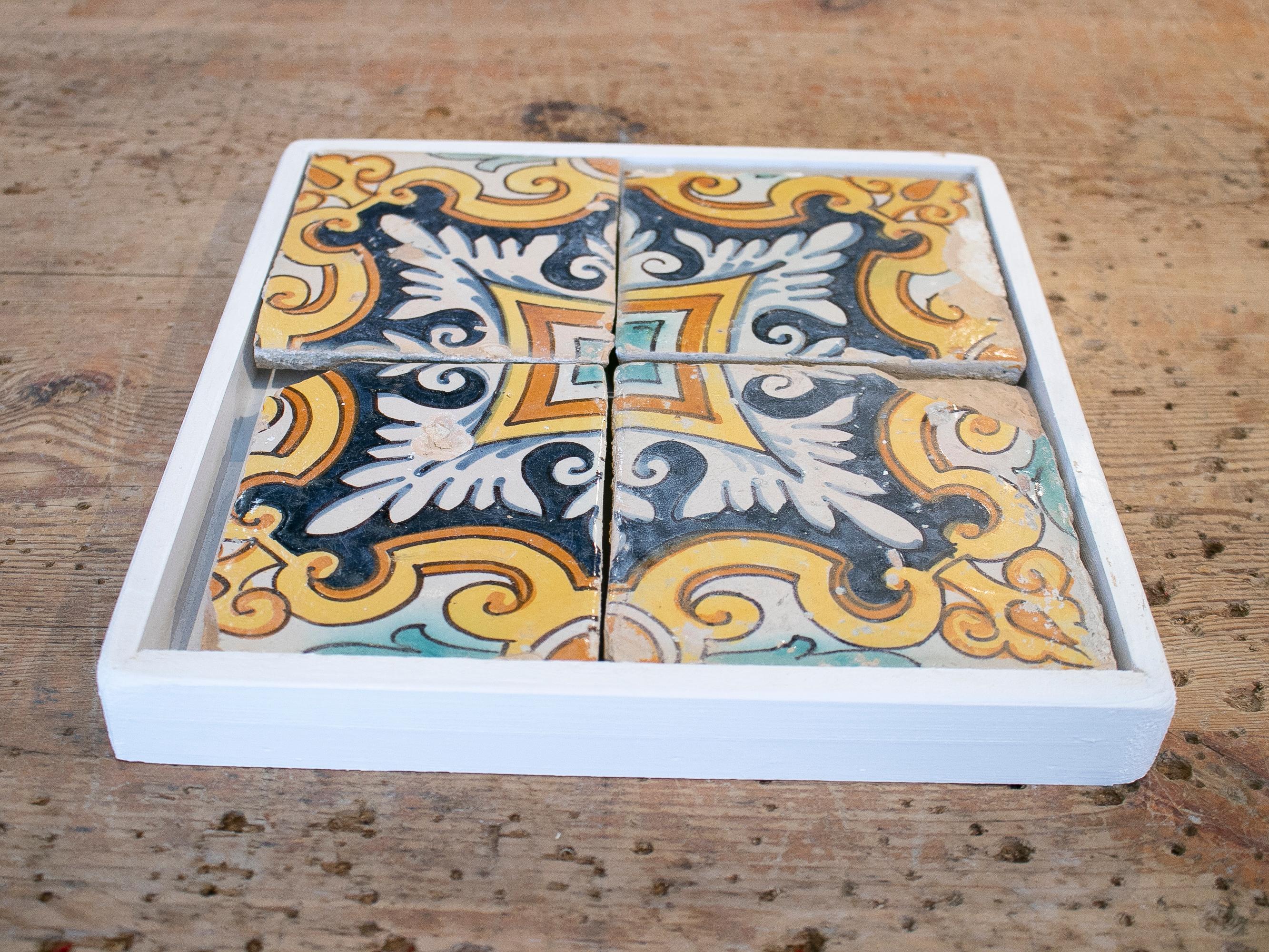 18th Century Spanish Set of 4 Framed Ornamental Glazed Ceramic Tiles at ...