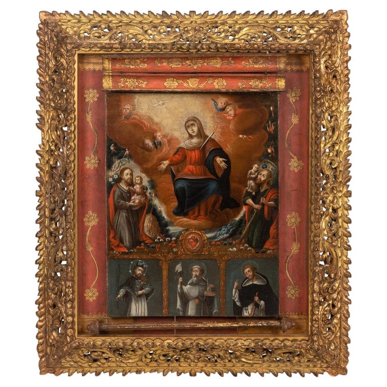 18th Century Travelling Oil On Canvas Painting Of Virgin Mary (Cusco ...
