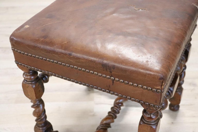 18th Century Turned Walnut and Leather Antique Stool For Sale at 1stDibs