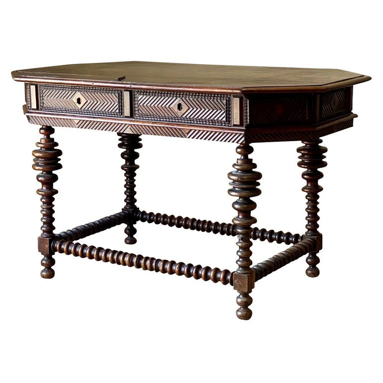 18th Century Two Drawer Spool Leg Side Table, Portugal at 1stDibs