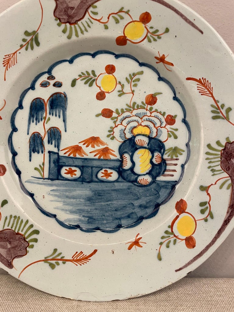 18th Century Dutch Delft Faience Polychrome Plate For Sale at 1stDibs