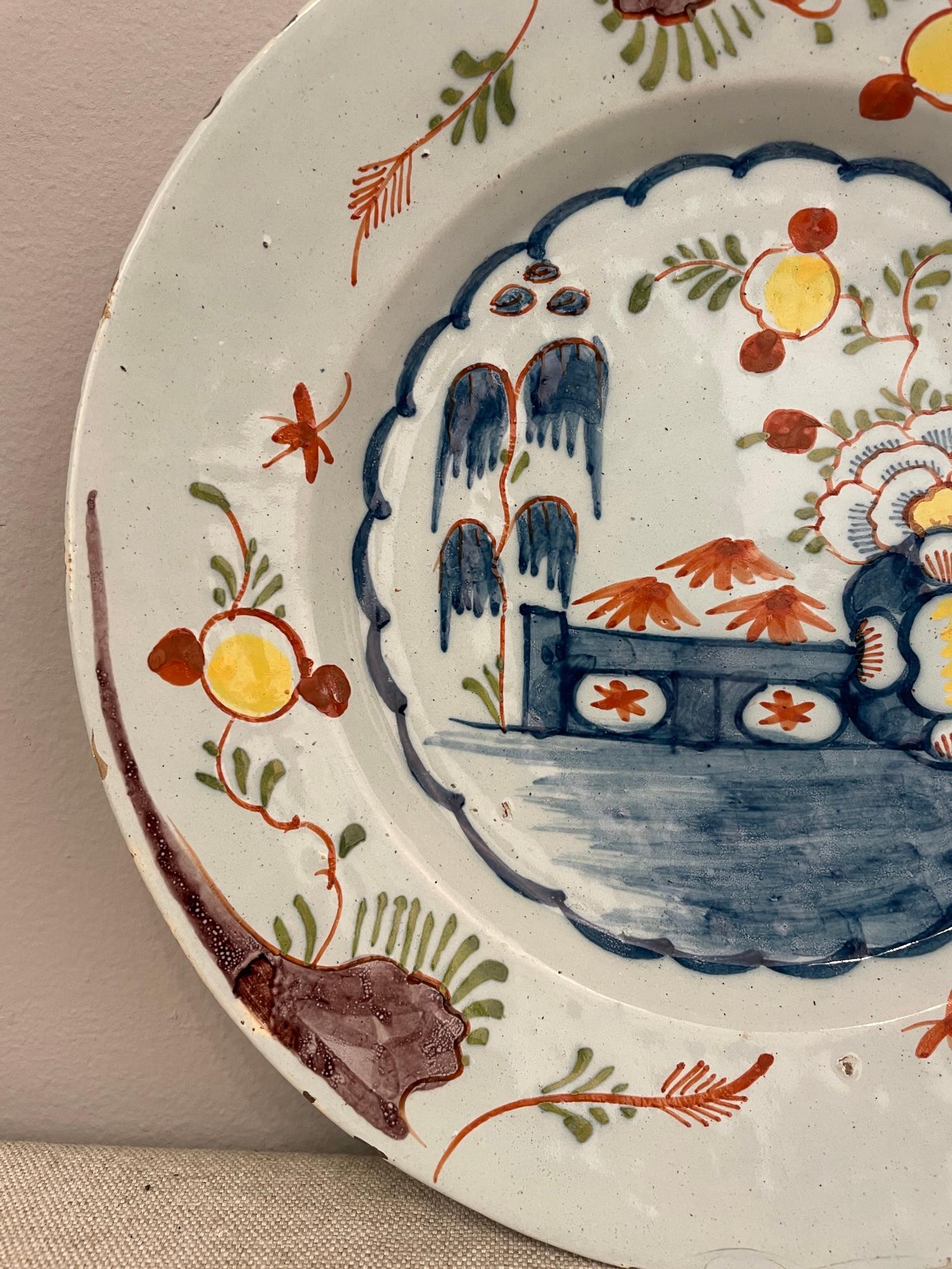 18th Century Dutch Delft Faience Polychrome Plate For Sale at 1stDibs