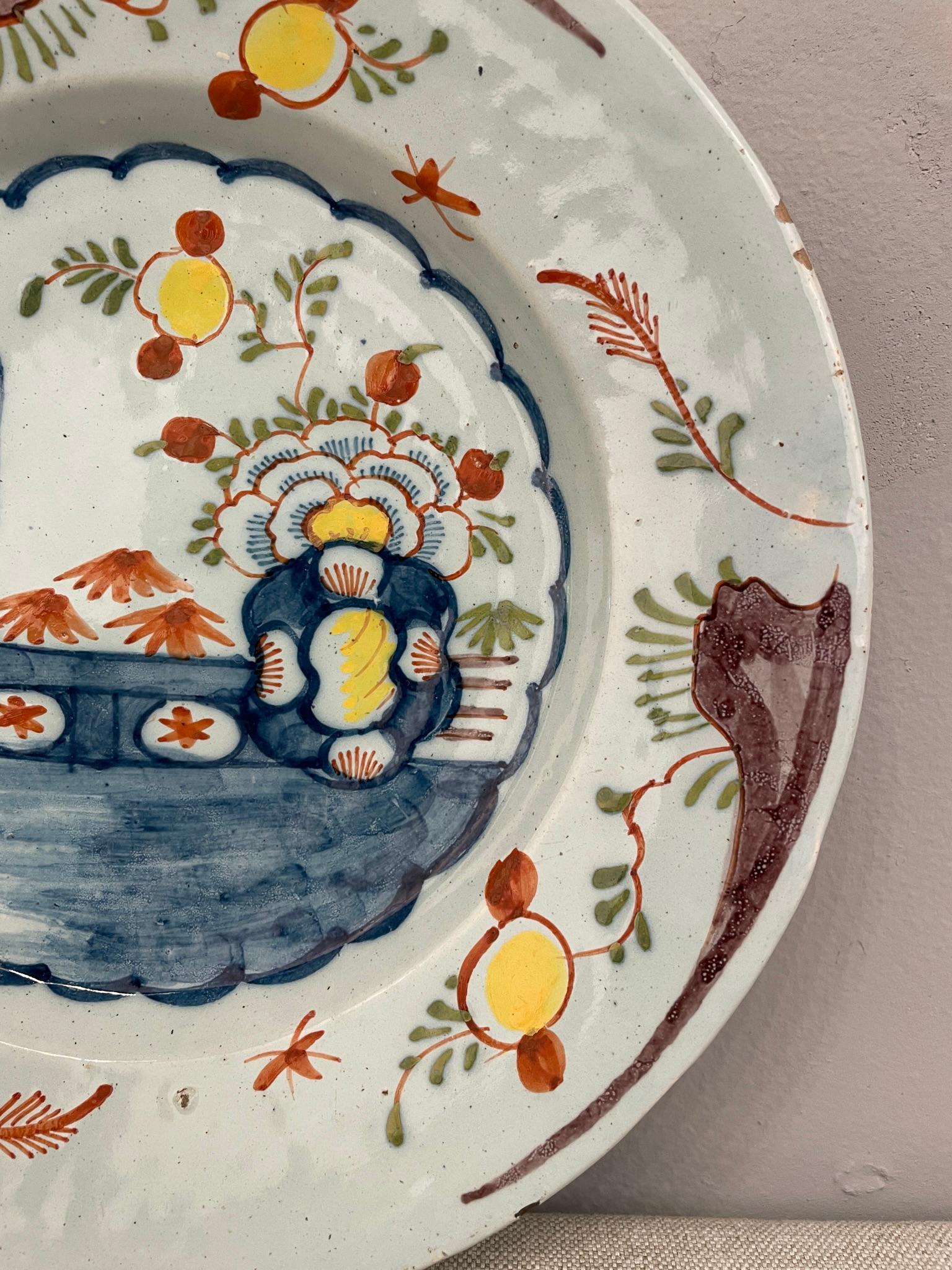 18th Century Dutch Delft Faience Polychrome Plate For Sale at 1stDibs