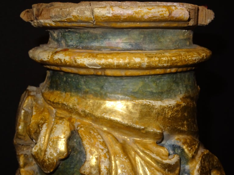 18th Spanish Carved, Gold and Polychrome Wood Baroque Solomonic Column ...