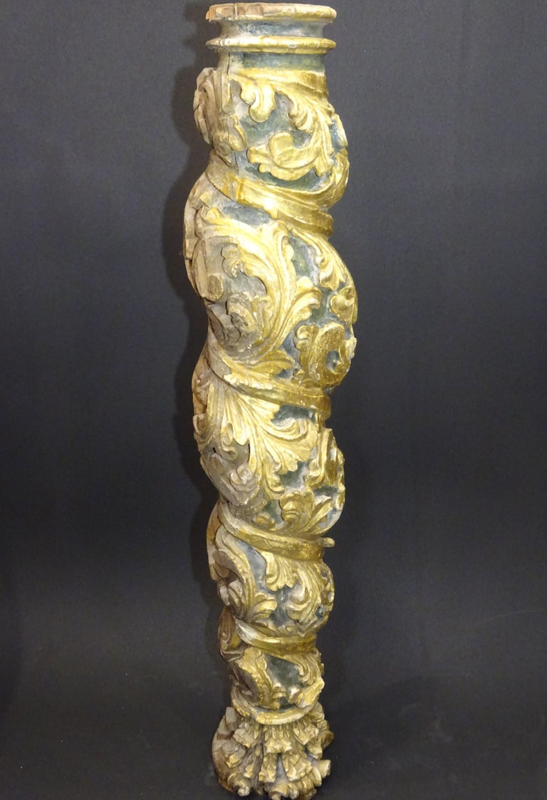 18th Spanish Carved, Gold and Polychrome Wood Baroque Solomonic Column ...