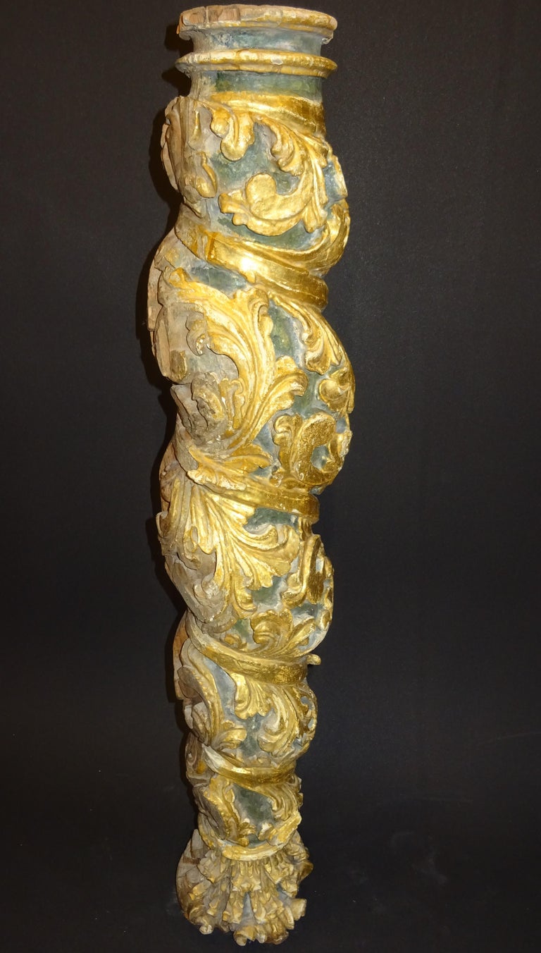 18th Spanish Carved, Gold and Polychrome Wood Baroque Solomonic Column ...