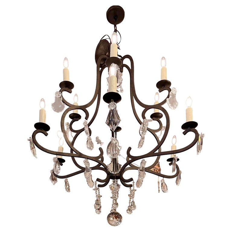 19 C Style French Gregorious Pineo Wrought Iron Crystal Chandelier ...