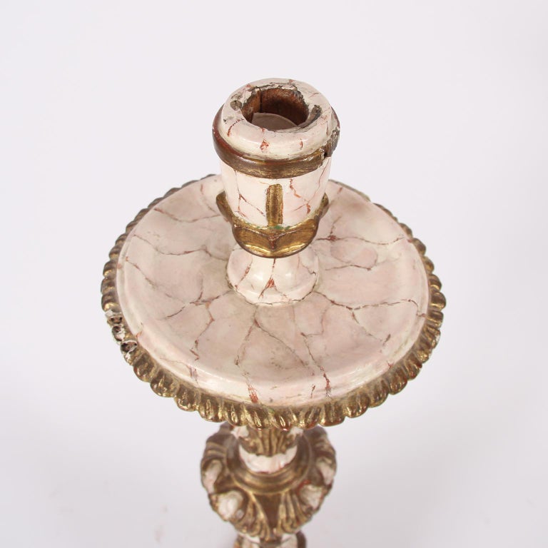 19 Century Carved Wood Cream and Gold Altar Candlesticks at 1stDibs