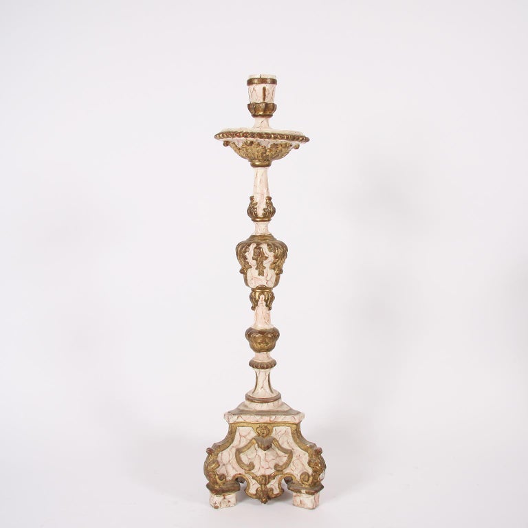 19 Century Carved Wood Cream and Gold Altar Candlesticks at 1stDibs