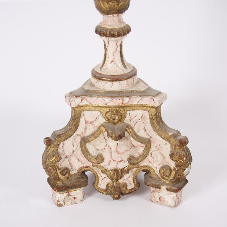 19 Century Carved Wood Cream and Gold Altar Candlesticks at 1stDibs