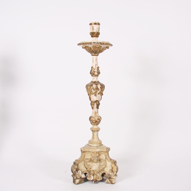 19 Century Carved Wood Cream and Gold Altar Candlesticks at 1stDibs