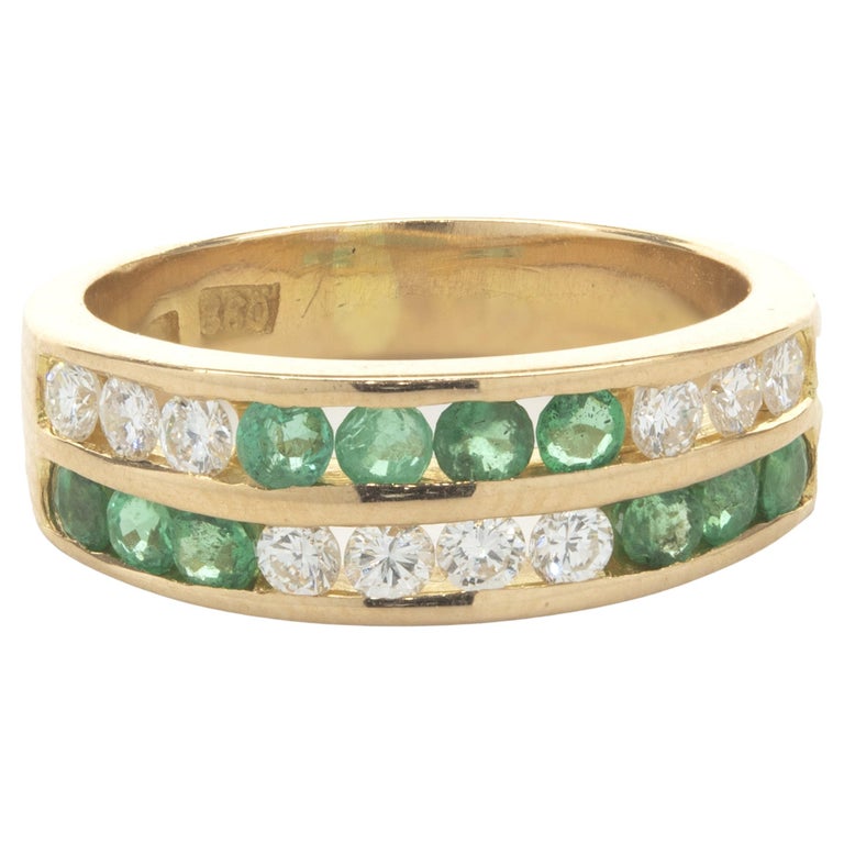 19 Karat Yellow Gold Double Row Channel Set Diamond and Emerald Band ...