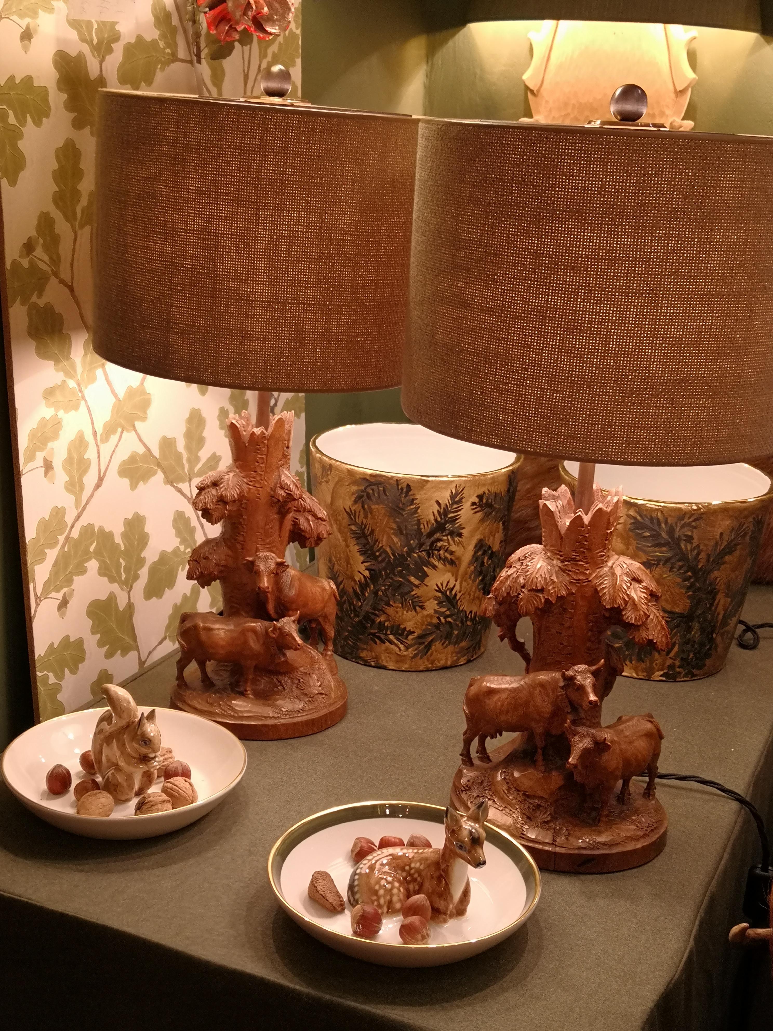 19th Century Black Forest Pair of Table Lamps Hand-Carved Sculptures ...