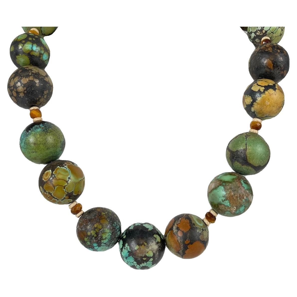 19 to 22mm Round Turquoise Bead Necklace with Yellow Gold Rondels, 18.5 ...