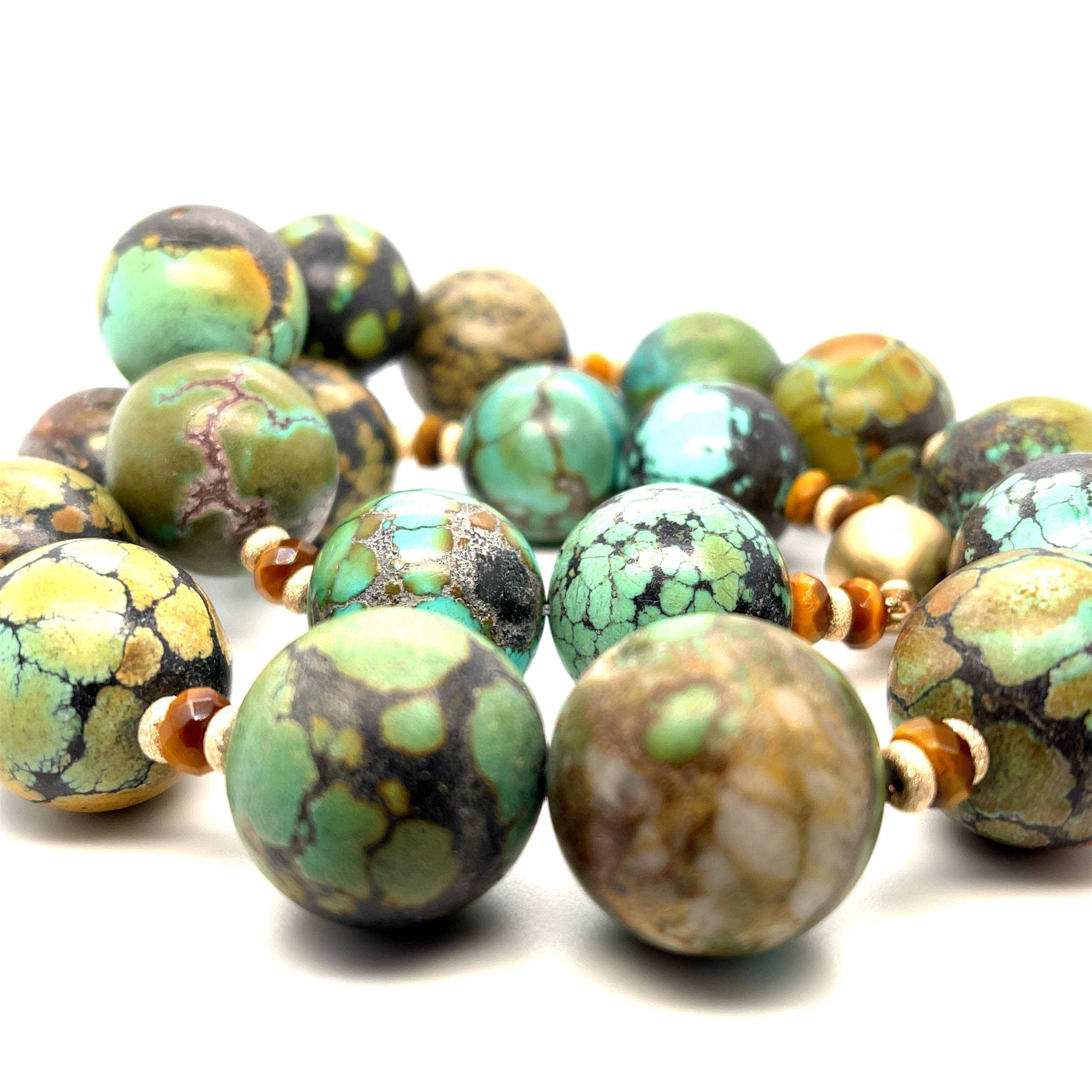 19 to 22mm Round Turquoise Bead Necklace with Yellow Gold Rondels, 18.5 ...