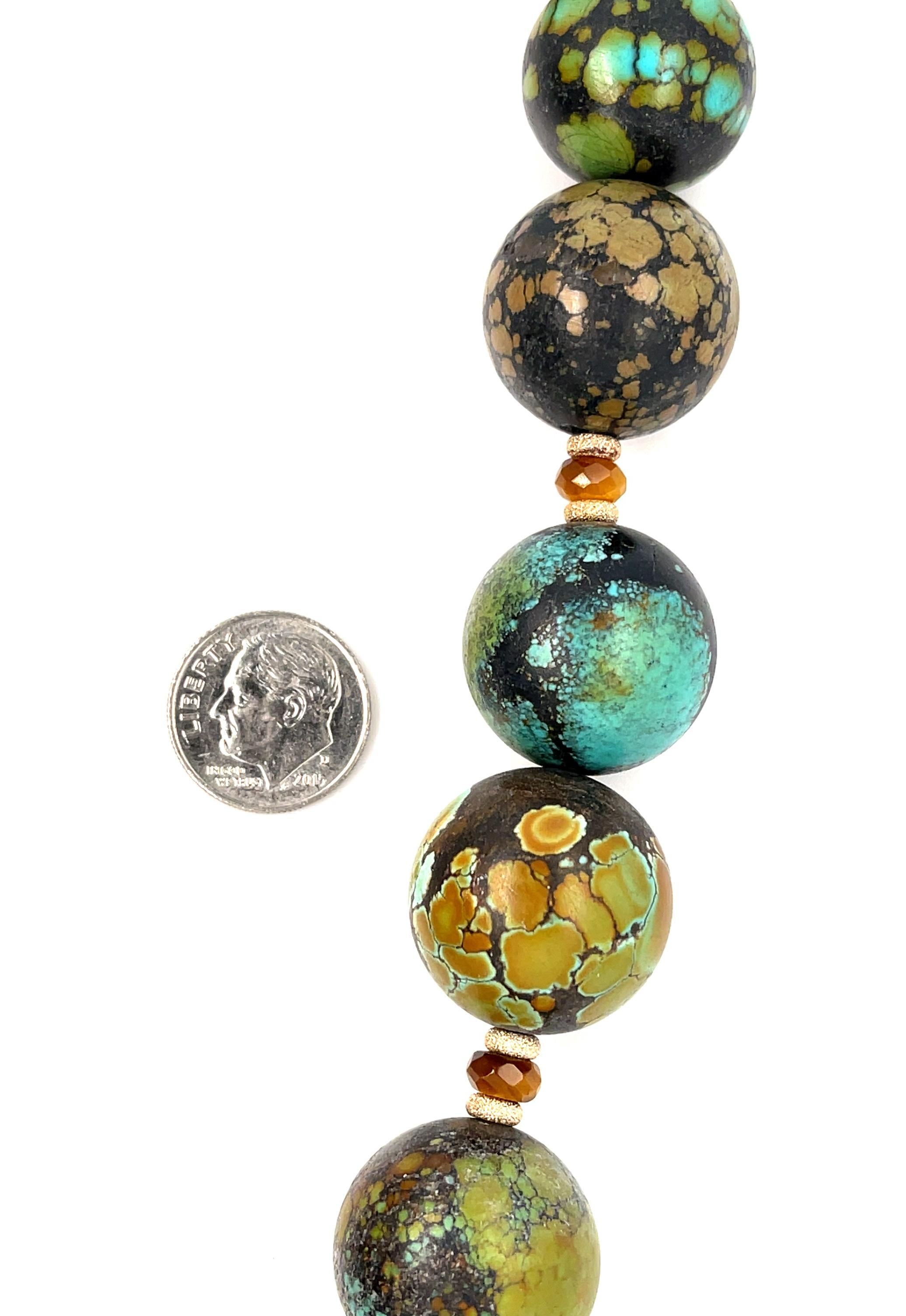 19 to 22mm Round Turquoise Bead Necklace with Yellow Gold Rondels, 18.5 ...