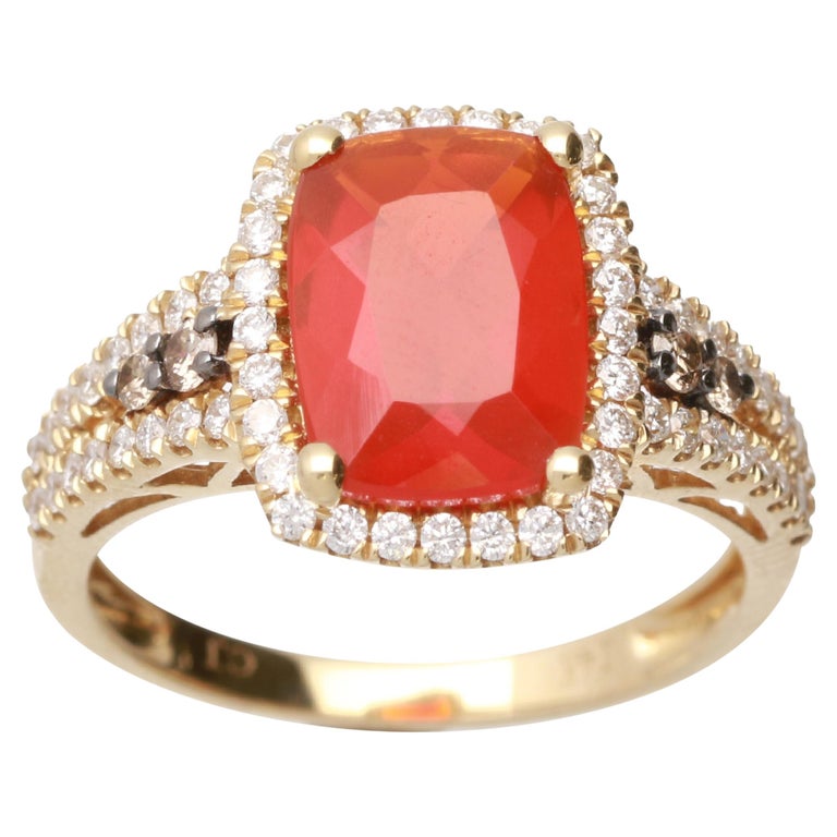 1.90 Carat Cushion Cut Fire Opal Diamond Accents 14K Yellow Gold Ring ...