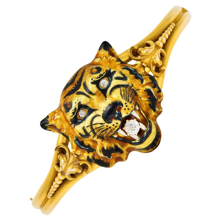1900 Alling and Co. Victorian Diamond Enamel 14 Karat Yellow Gold Tiger ...
