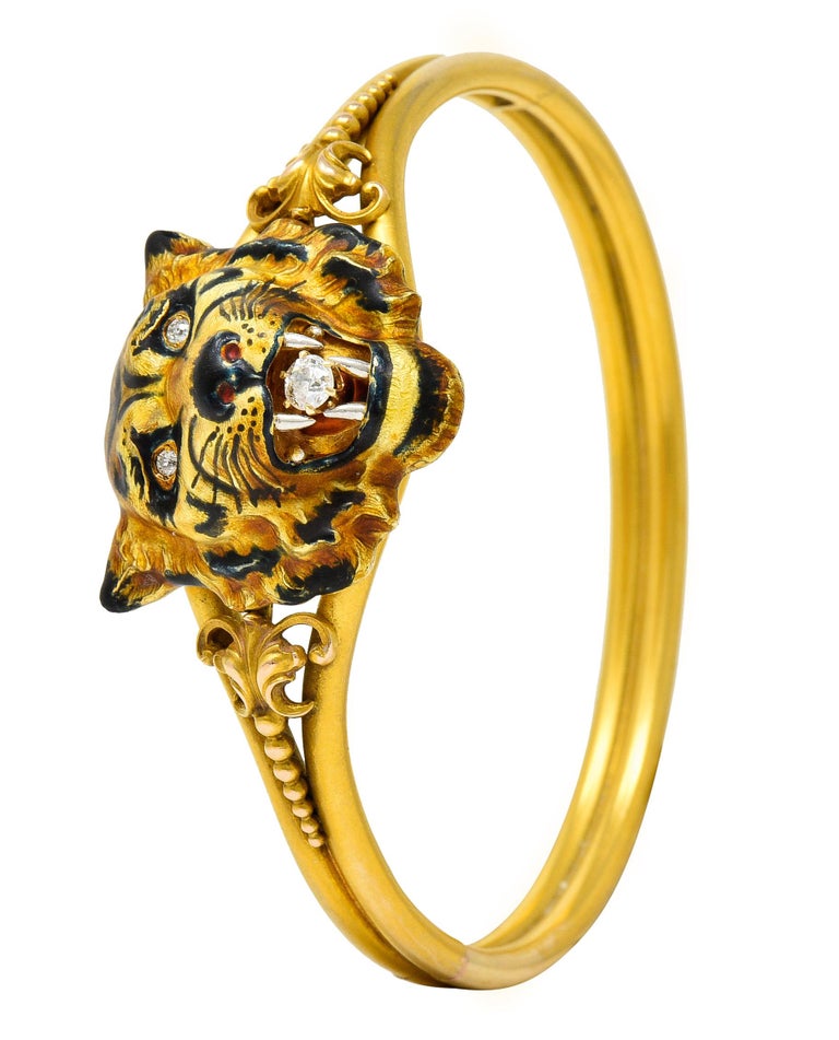1900 Alling and Co. Victorian Diamond Enamel 14 Karat Yellow Gold Tiger ...