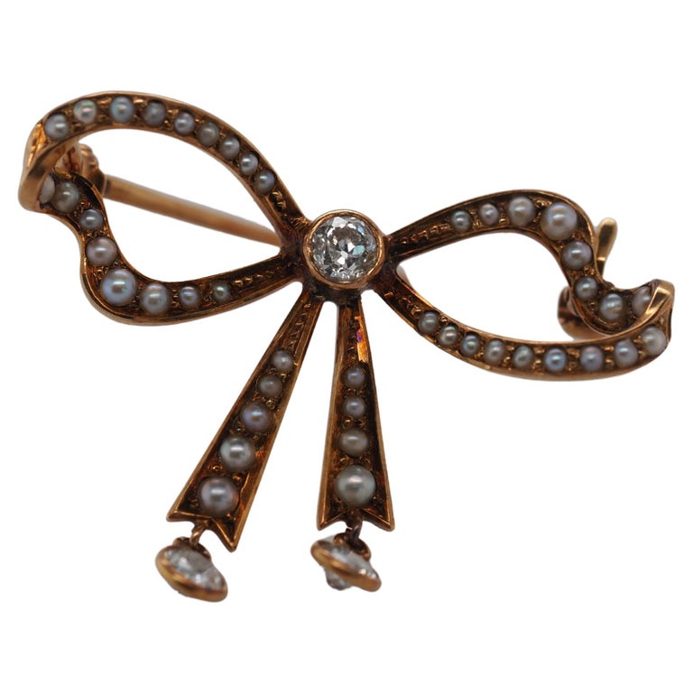 1900s 14k Rose Gold Pearl and Old European Cut Diamond Ribbon Bow ...
