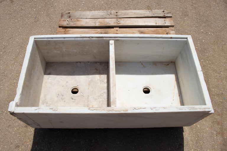1900s Antique Hand Carved White Marble Double Basin Kitchen Sink at 1stDibs