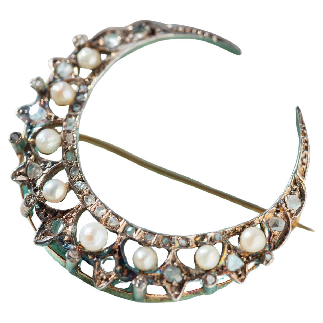 1900's Belle Epoque Diamond Pearl Crescent Moon Brooch 18K Solid Gold ...
