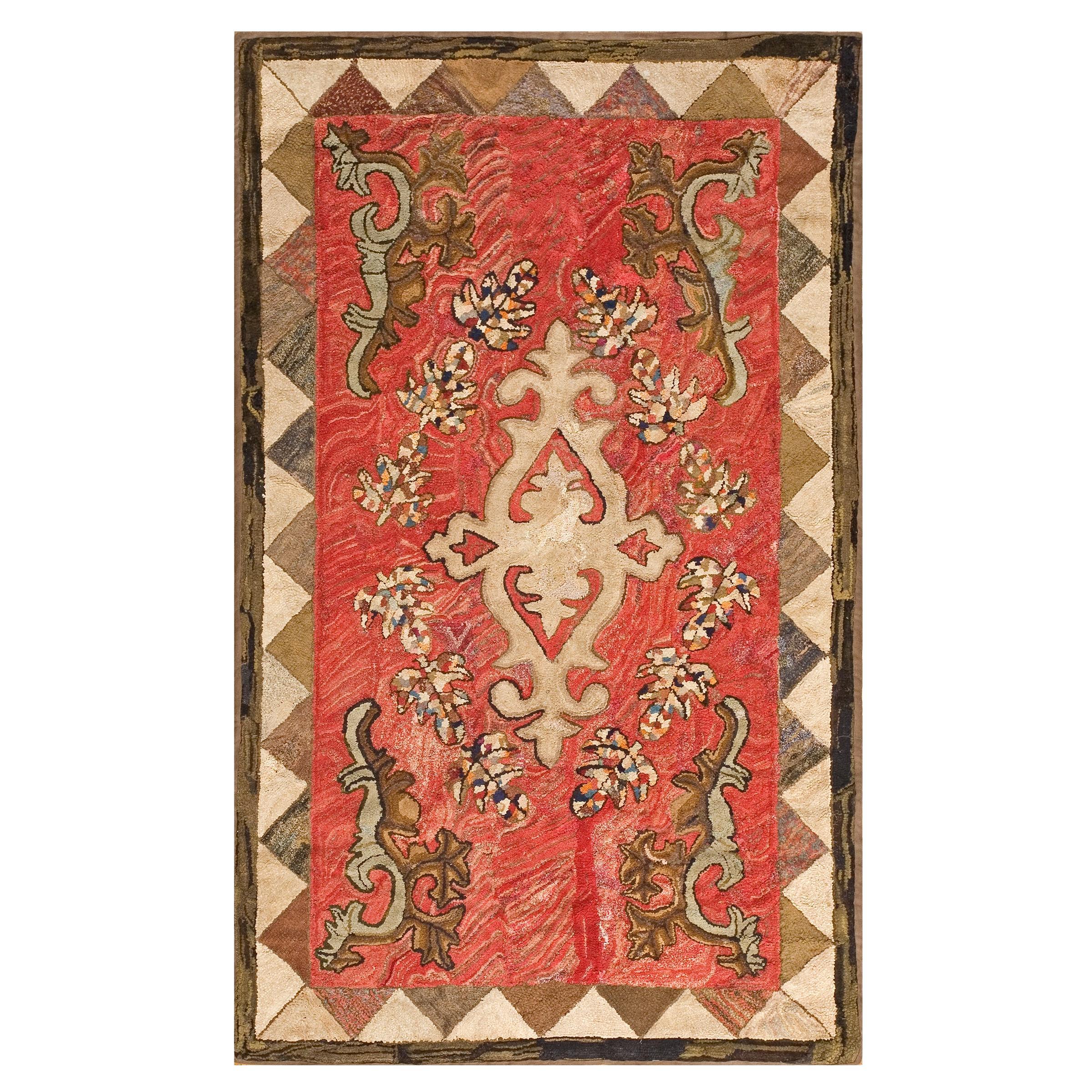 1900s Bright Red Ground Color Antique American Hooked Rug 4'4" x 7'4 ...