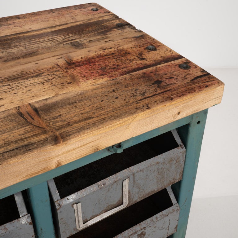 1900s French Metal Work Table with Wooden Top For Sale at 1stDibs