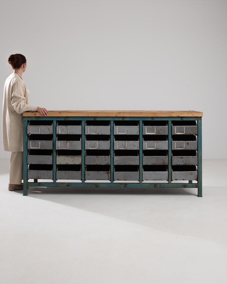 1900s French Metal Work Table with Wooden Top For Sale at 1stDibs