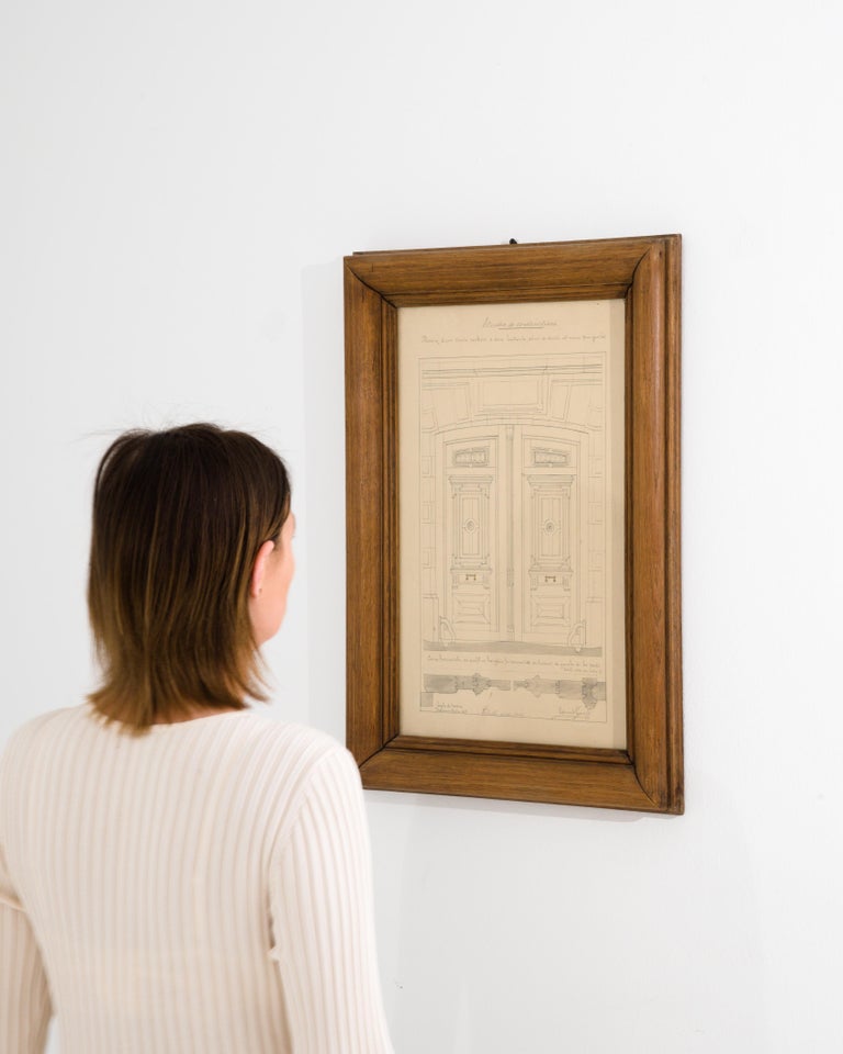 1900s French Wooden Framed Architectural Drawing For Sale at 1stDibs