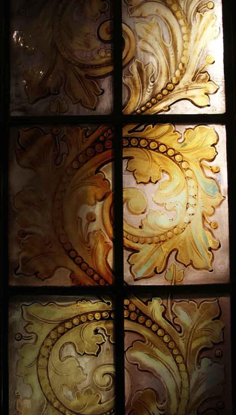 1900s Hand Painted Amber Arched Top Stained Glass Window in Bronze ...