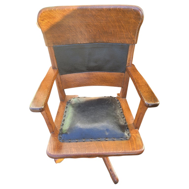 1900s Oak and Leather Bankers Swivel Tilt Office Chair Springs Seat For ...