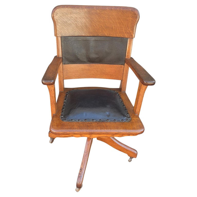 1900s Oak and Leather Bankers Swivel Tilt Office Chair Springs Seat For ...
