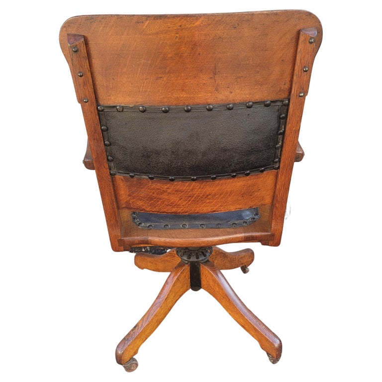 1900s Oak and Leather Bankers Swivel Tilt Office Chair Springs Seat For ...