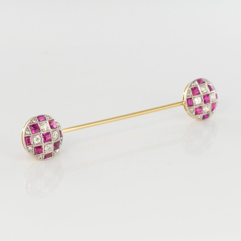 1900s Ruby Diamond Yellow Gold Jabot Pin For Sale at 1stDibs