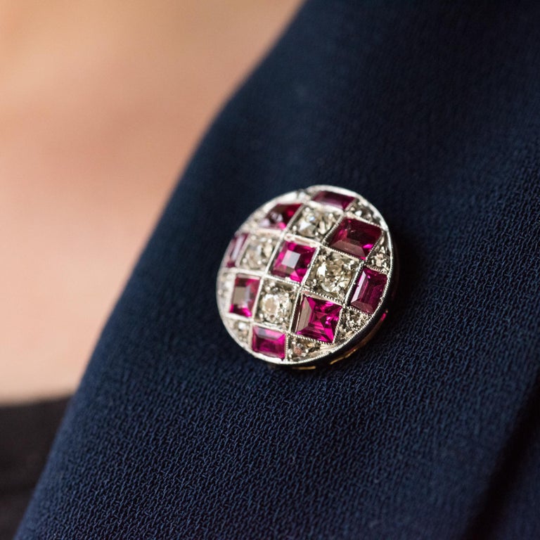 1900s Ruby Diamond Yellow Gold Jabot Pin For Sale at 1stDibs