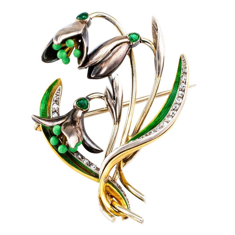 1900s Snow Drop Enamel Emerald Diamond Gold Brooch at 1stDibs
