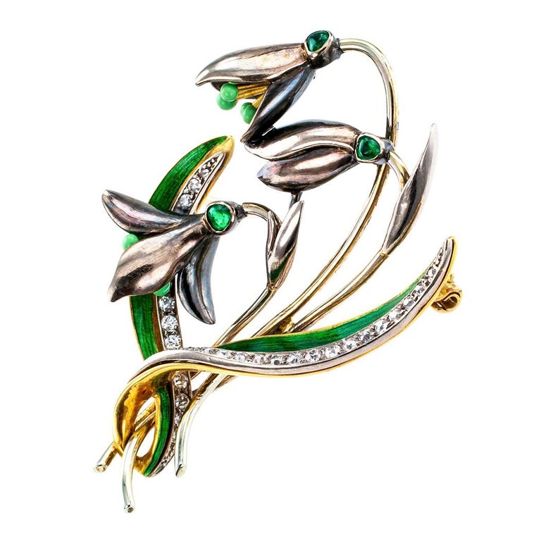 1900s Snow Drop Enamel Emerald Diamond Gold Brooch at 1stDibs