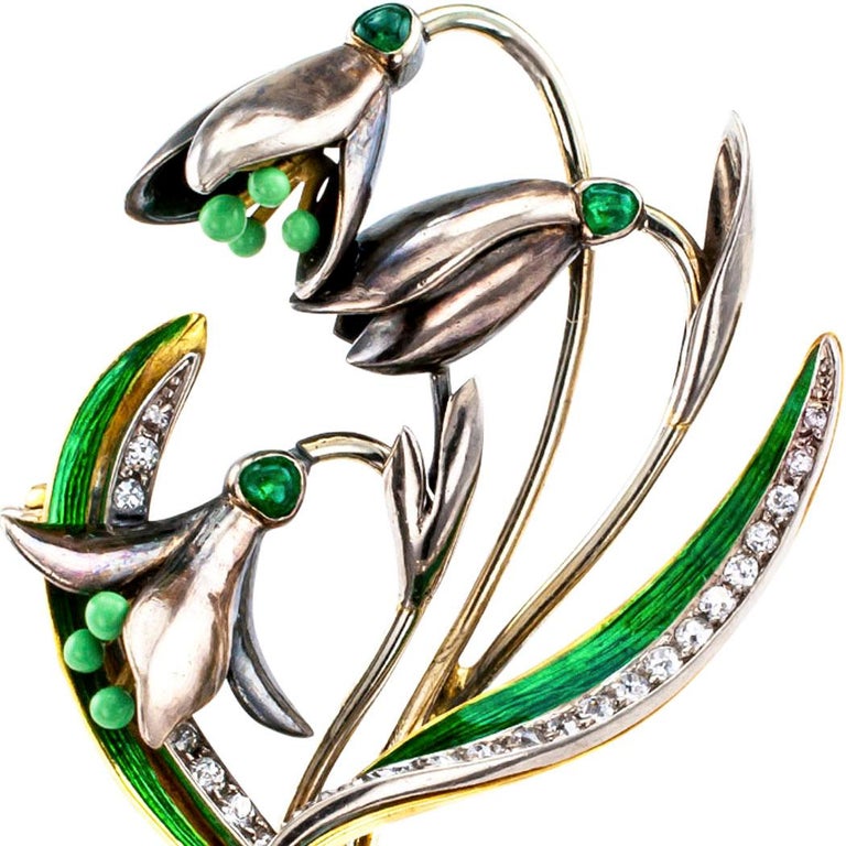 1900s Snow Drop Enamel Emerald Diamond Gold Brooch at 1stDibs