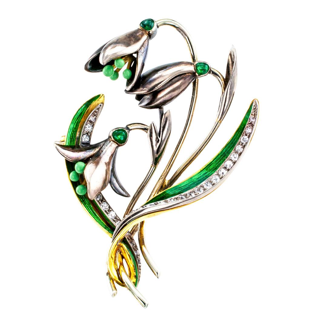 1900s Snow Drop Enamel Emerald Diamond Gold Brooch at 1stDibs