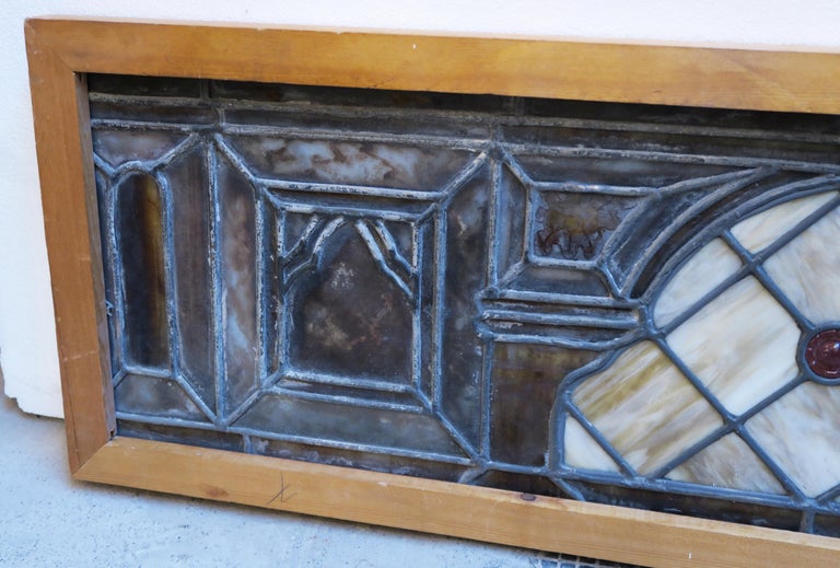 1900s Stained Glass Window with Red Jewel in New Wood Frame For Sale at ...